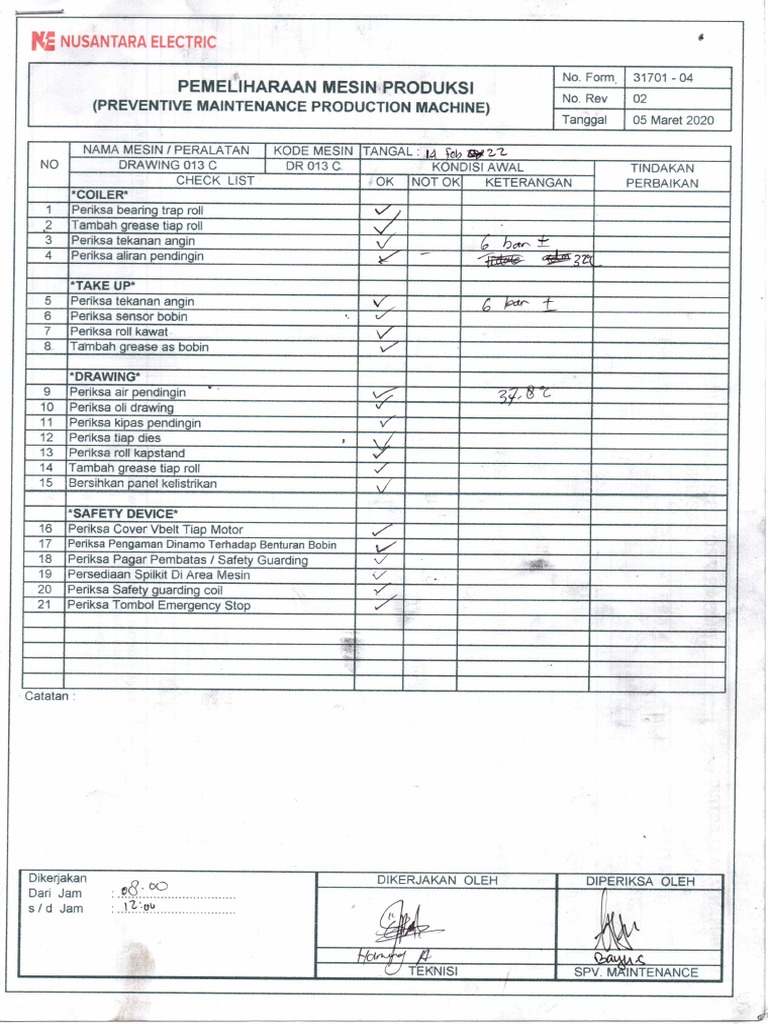 Checklist Mesin | PDF