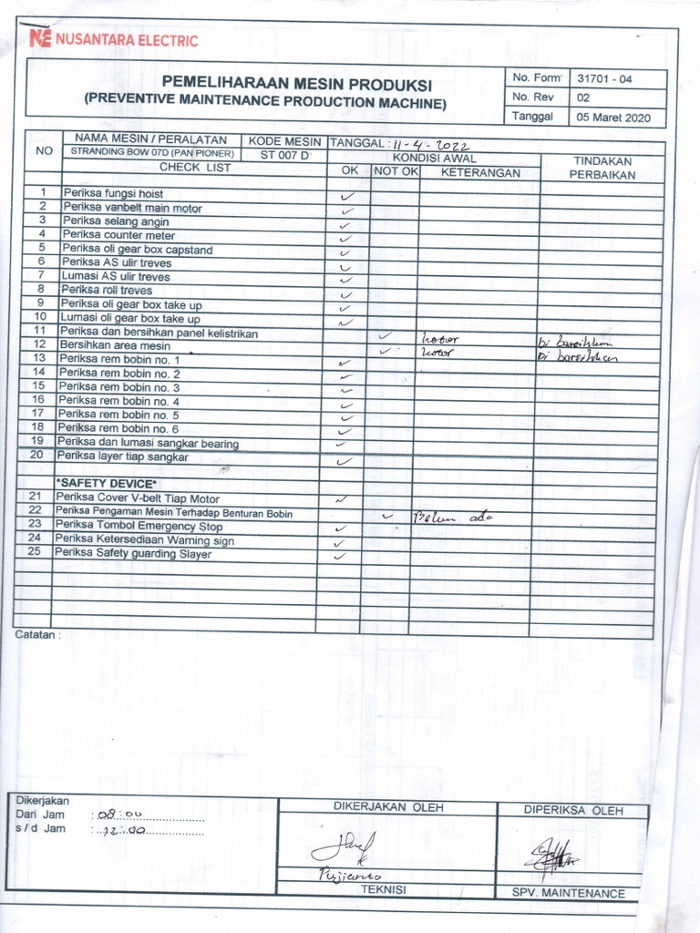 Checklist Mesin 007D | PDF