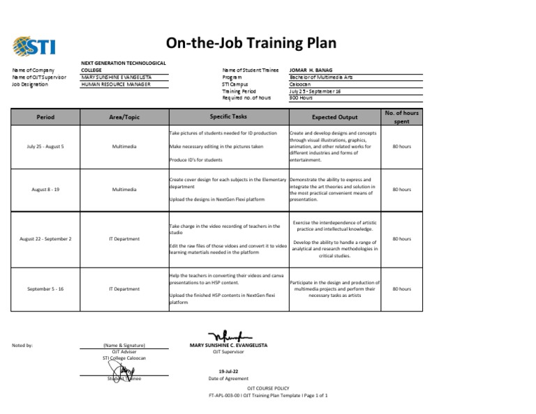OJT Training Plan for Multimedia Arts | PDF | Multimedia | Cognition