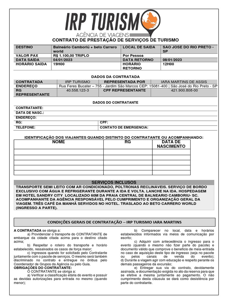 Contrato turismo Balneário Camboriú e Beto Carrero | PDF