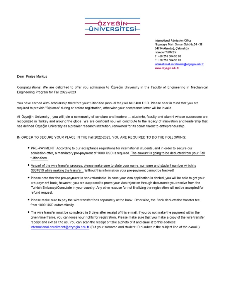 Praise Markus-Conditional Acceptance Letter | PDF | Wire Transfer | Receipt