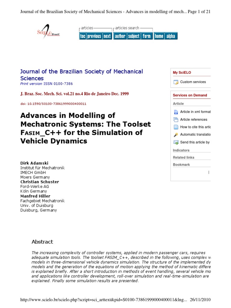 Advances in Modelling of Mechatronic Systems: The Toolset F - C++ For The Simulation of Vehicle ...