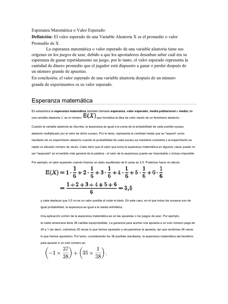 Esperanza Matemática o Valor Esperado | PDF | Valor esperado | Teoría ...