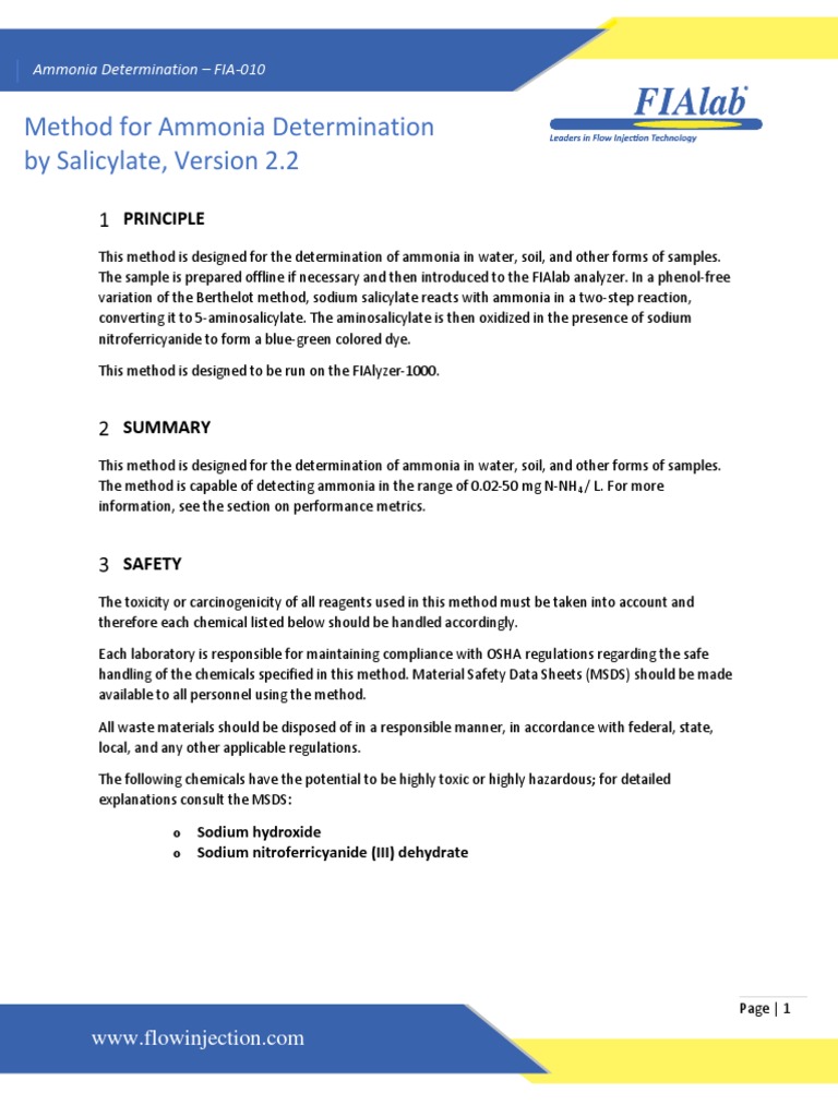 FIA 010 - Method For Ammonia Determination v2.1 | PDF | Sodium Hydroxide | Ammonia