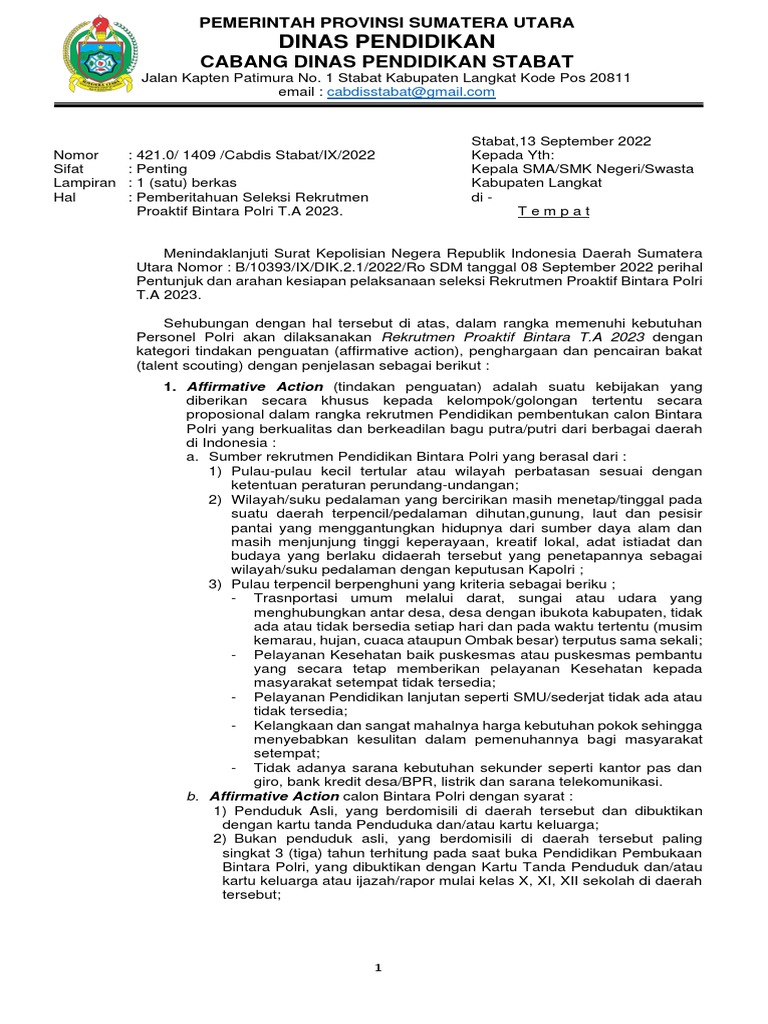 Surat Pemberitahuan Seleksi Rekrutmen Proaktif Bintara Polri Ta. 2023 | PDF