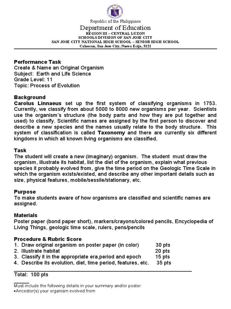 Performance Task ELS | PDF | Taxonomy (Biology) | Geologic Time Scale