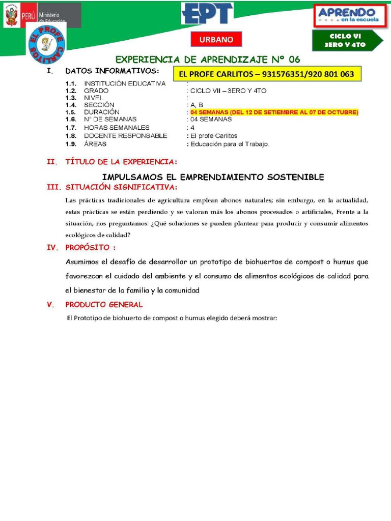 Experiencia de Aprendizaje N°06 - Ciclo Vii - 3ero y 4to - Ept - 2022 - 00001 | PDF