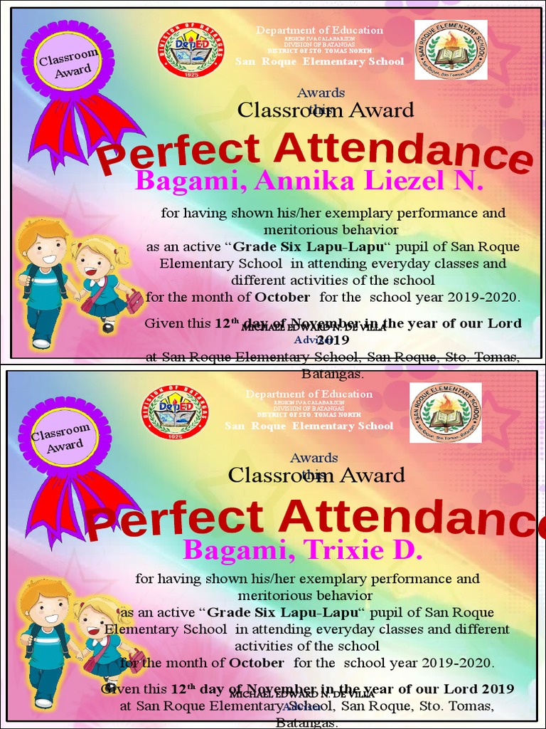 Perfect Attendance Certificate | PDF | Primary Education | Schools