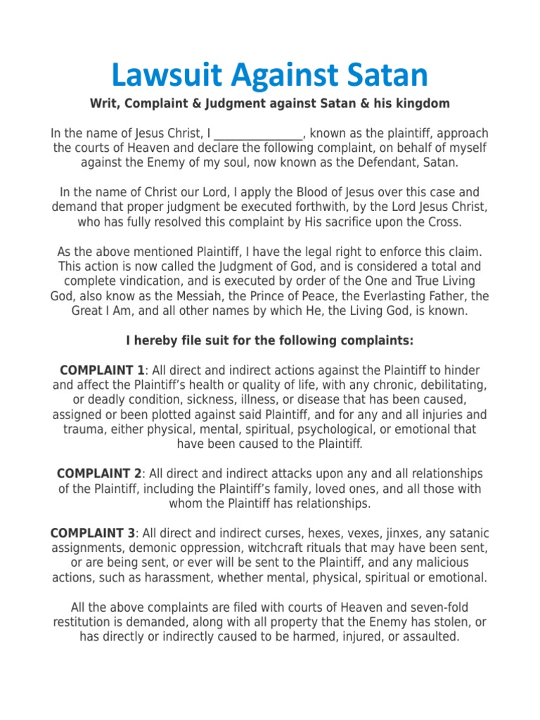 Lawsuit Against Satan | PDF | Lawsuit | Complaint