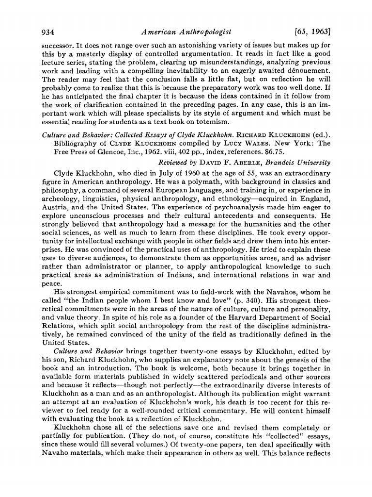 American Anthropologist - August 1963 - Aberle - Culture and Behavior ...