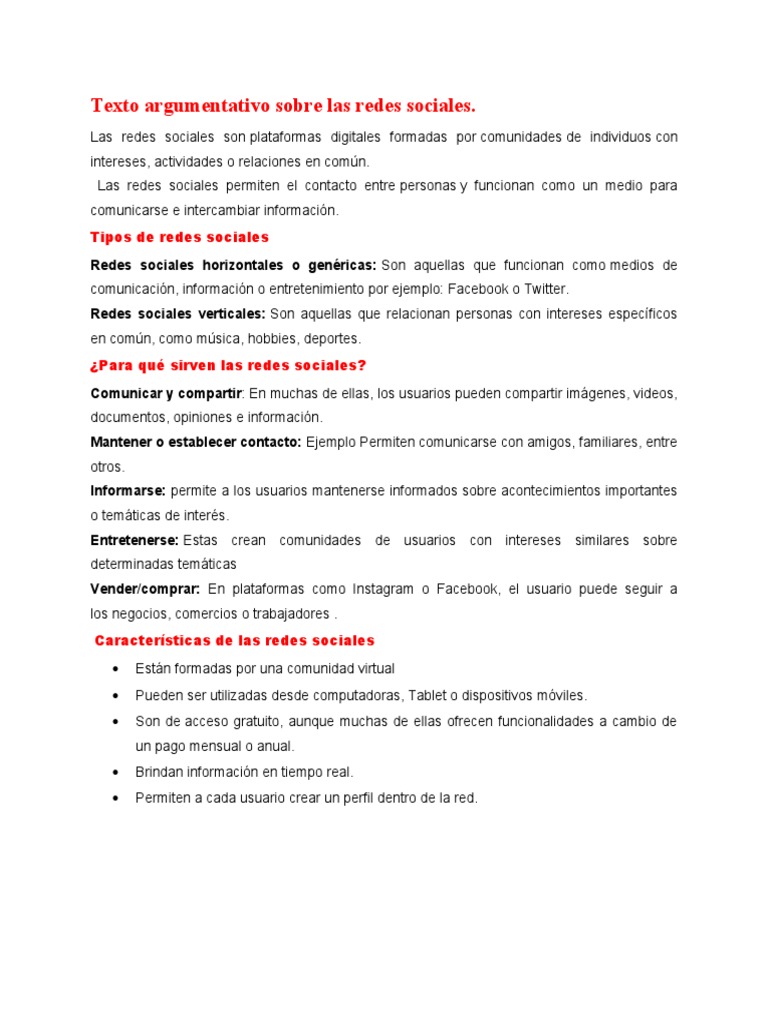 Texto Argumentativo Sobre Las Redes Sociales | PDF | Servicio de redes ...