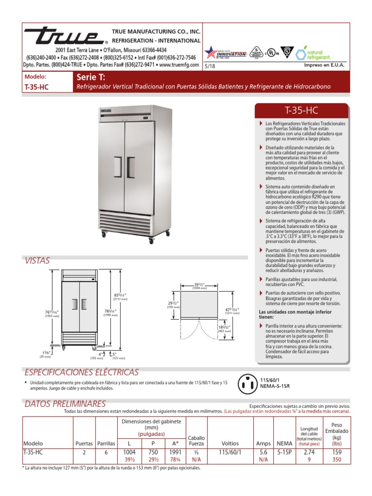 Ficha Tecnica Refrigerador para Negocio T 35 HC | PDF | Bienes manufacturados
