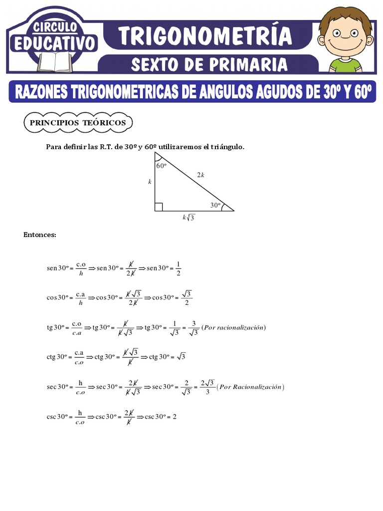 Principios teóricos sen cos tg ctg sec csc 30 60 | PDF | Geometría ...