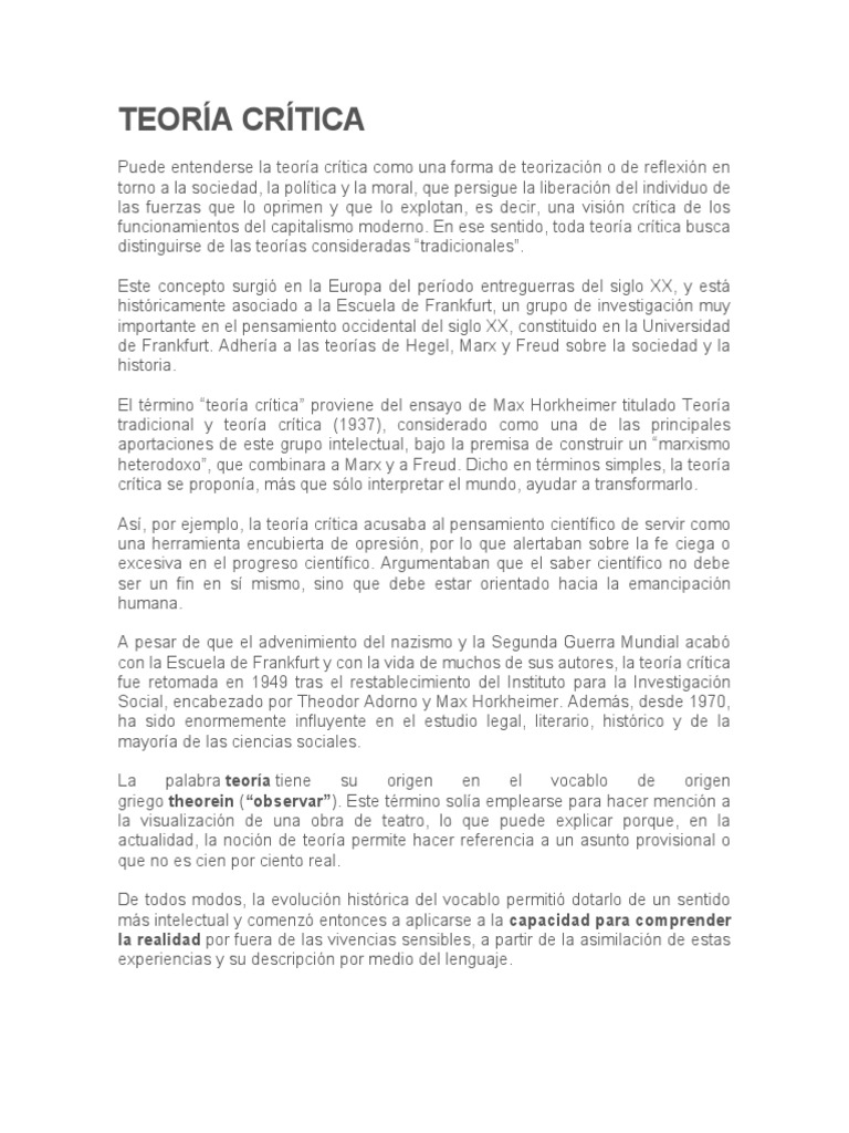 Teoría Crítica y Escuela de Frankfurt | PDF | La teoría crítica | Teoría