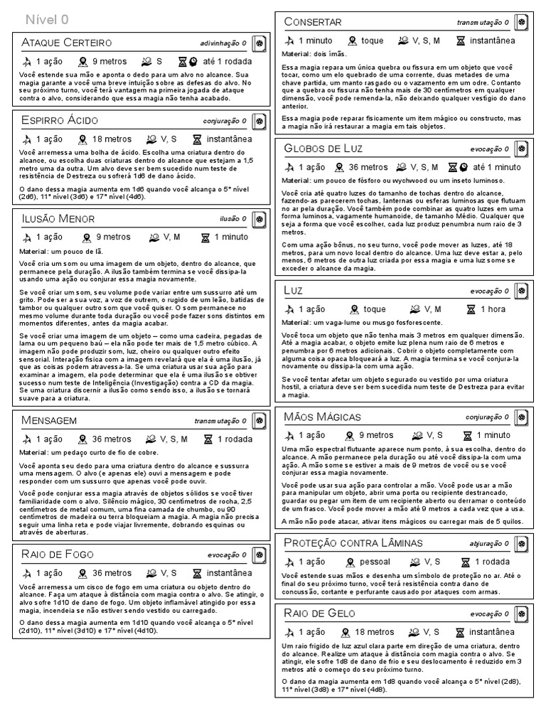 Lista Magias D&D 5E Feiticeiro | PDF | Pensamento | Relâmpago