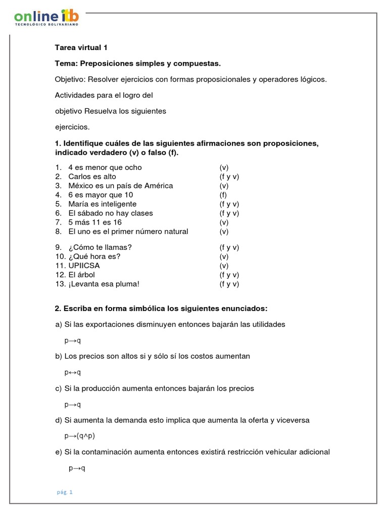 Logica Matiematica TAREA VIRTUAL 1 Proposiciones2 | PDF | Lógica matemática | Lógica