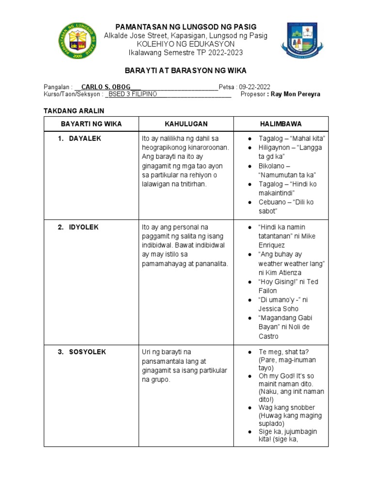 Obog, Carlo S. - Bsed 2 Filipino - Takdang-Aralin (Barayti at Barasyon NG Wika) | PDF