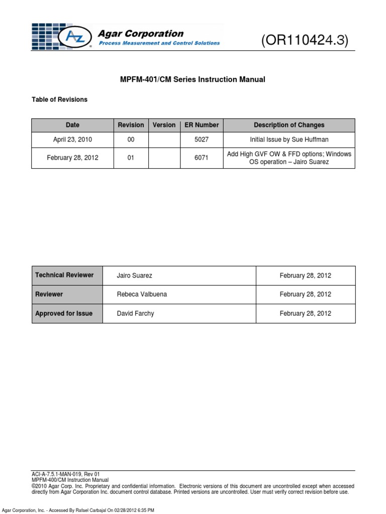 MPFM-401CM Series Instruction Manual OR110424.3 | PDF | Flow ...