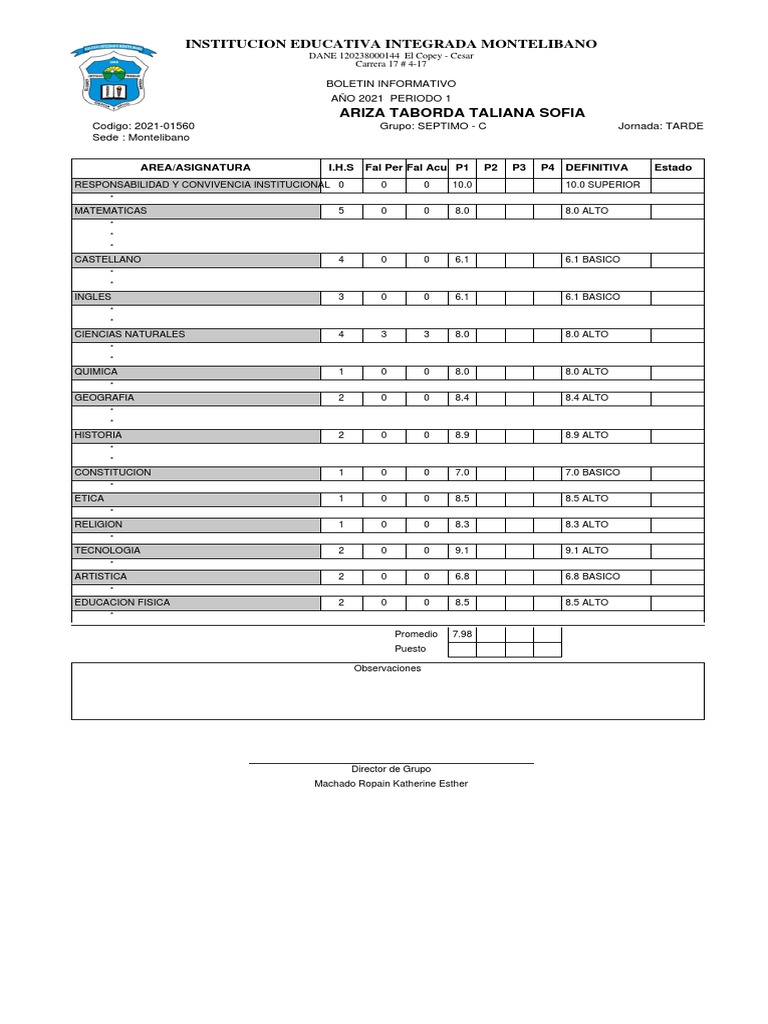 Institucion Educativa Integrada Montelibano: Ariza Taborda Taliana Sofia | PDF
