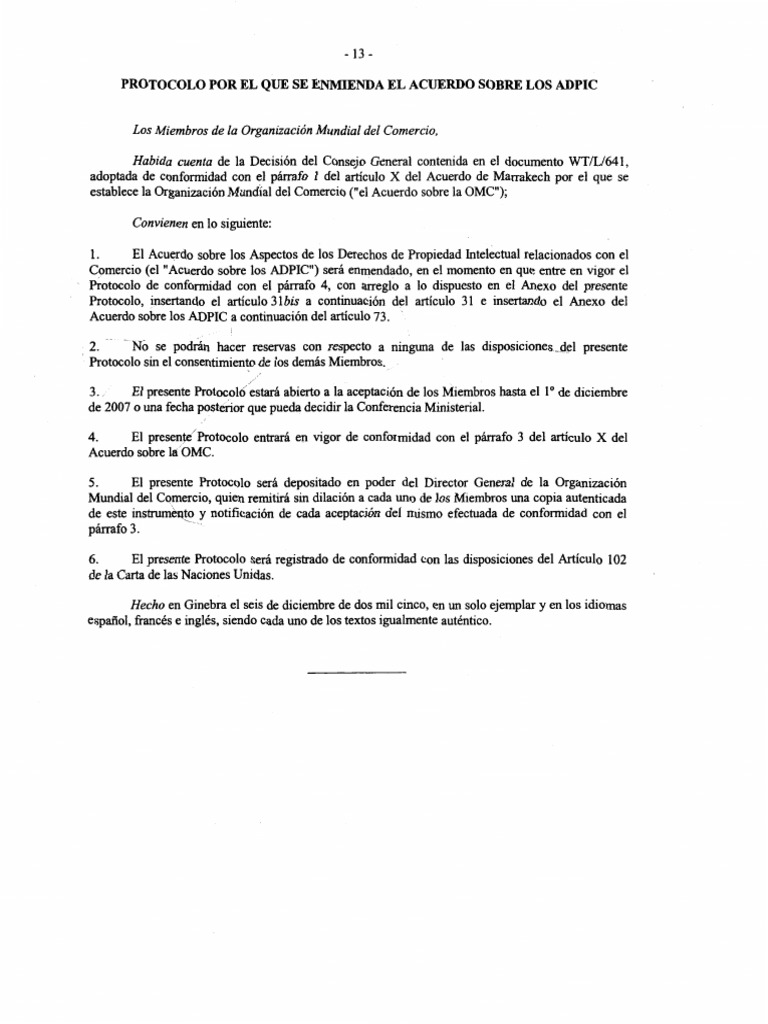 PROTOCOLO ADPIC Art 31 Bis | PDF | Organización de Comercio Mundial ...