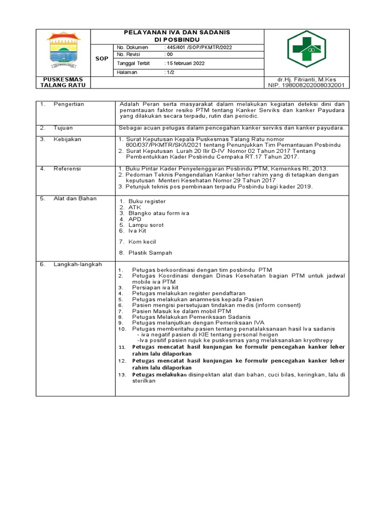 Sop Pelayanan Iva Dan Sadanis Di Posbindu 2022 | PDF