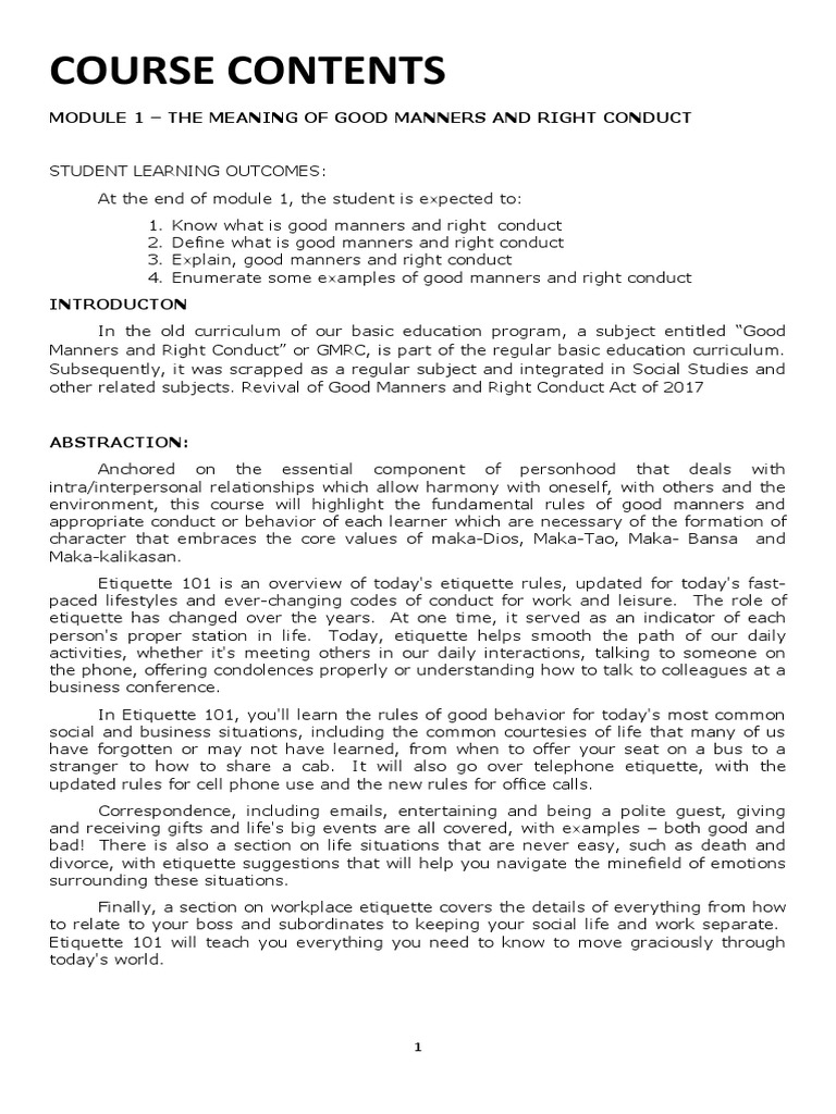 Understanding Good Manners and Right Conduct: An Introduction to Core ...