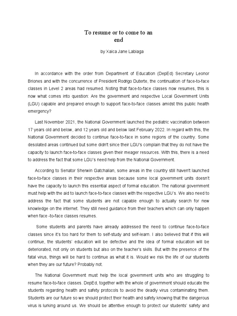 Resumption of Face To Face Classes | PDF | Global Health | Pandemic