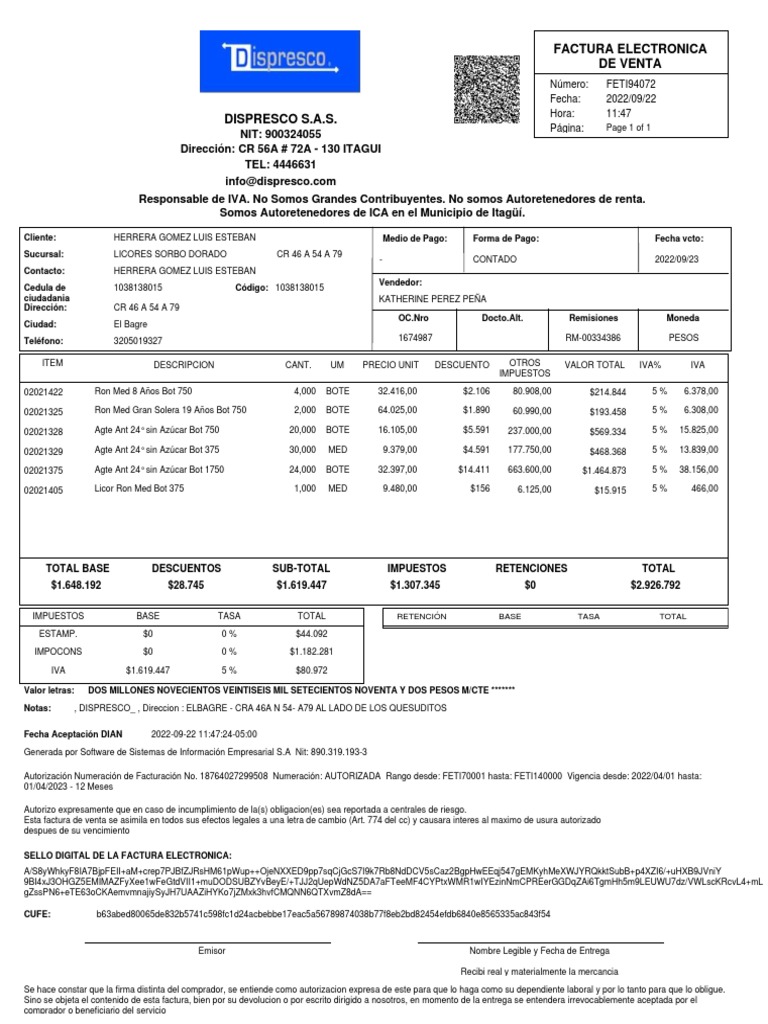 Factura Electronica de Venta: NIT: 900324055 Dirección: CR 56A # 72A ...