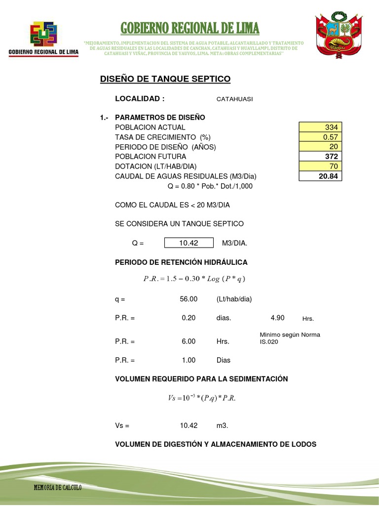 MEMORIA DE CALCULO HIDRAULICO - TANQUE Elevado | PDF | Tanque séptico | Salud pública