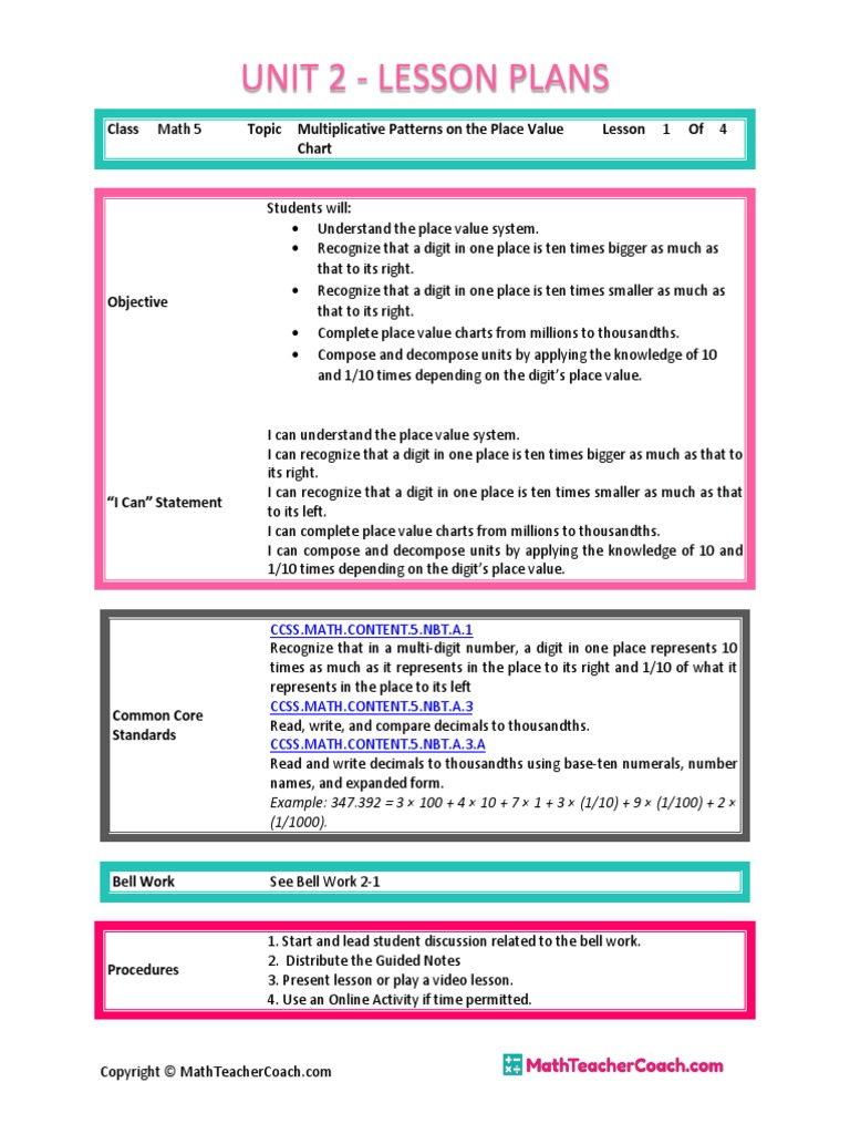 2 1 Lesson Plan Multiplicative Patterns On The Place Value Chart | Download Free PDF | Lesson ...