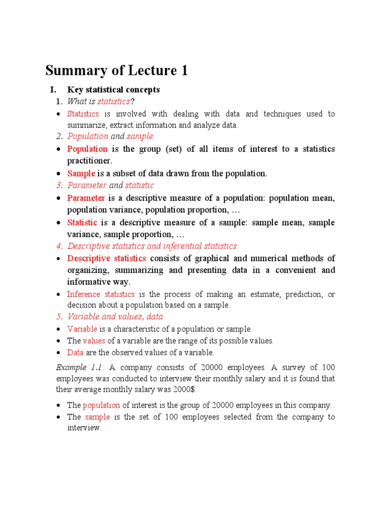 Summary of Lecture 1 | PDF | Statistics | Sampling (Statistics)