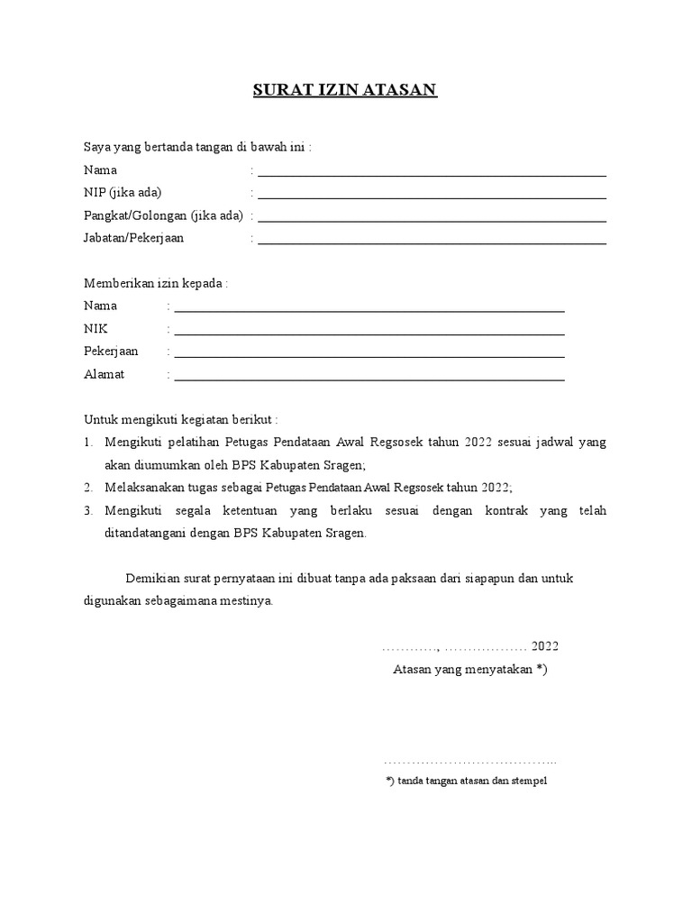 Surat Izin Atasan (Untuk Karyawan) | PDF