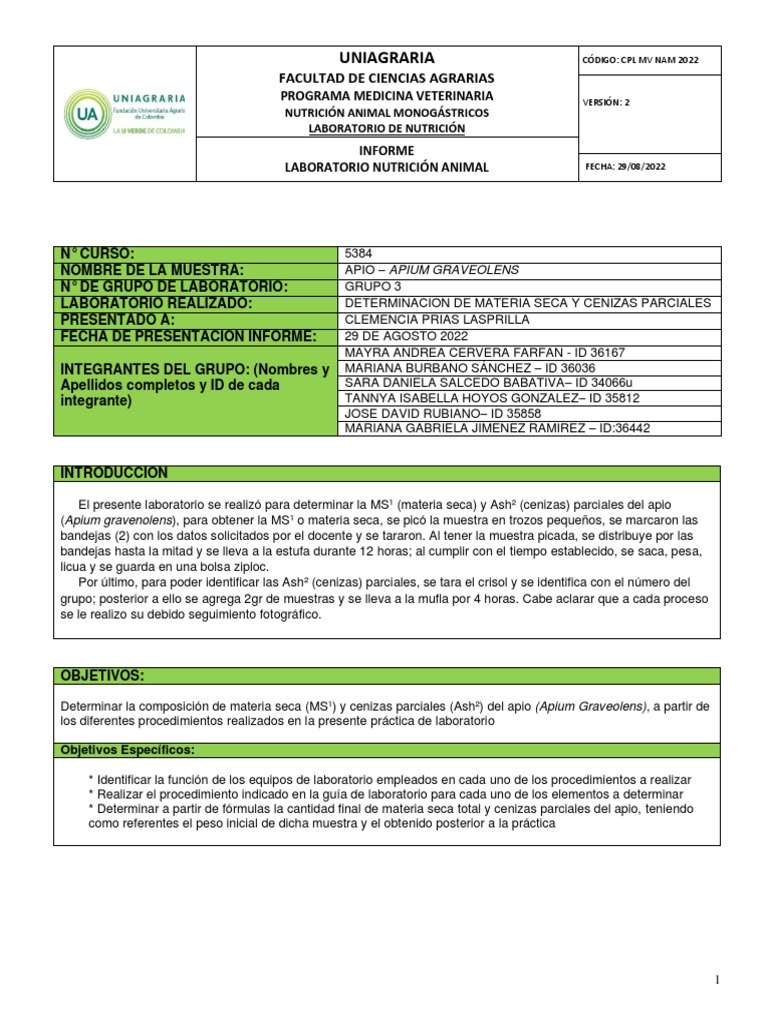 Formato Informes de Laboratorio | PDF | Nutrición | Dieta y nutrición