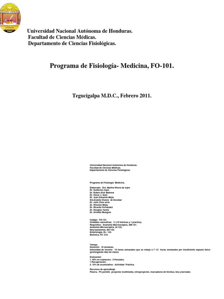 Programa de Fisiologia Cartas Descriptivas de Todo Fisiologia para Medicina FO 101 1 | PDF ...