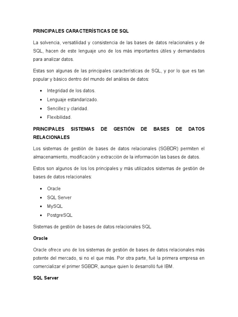 Principales Características de SQL | PDF | SQL | Mi sql