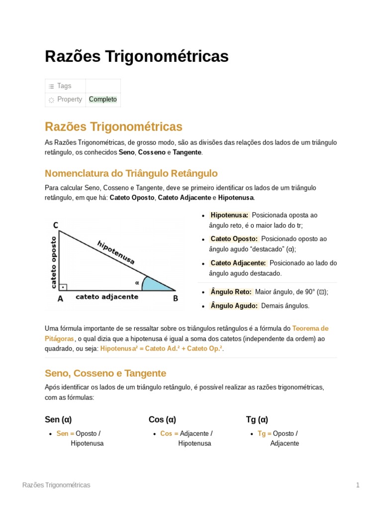 Razões Trigonométricas: Definições, Fórmulas e Tabela | PDF ...