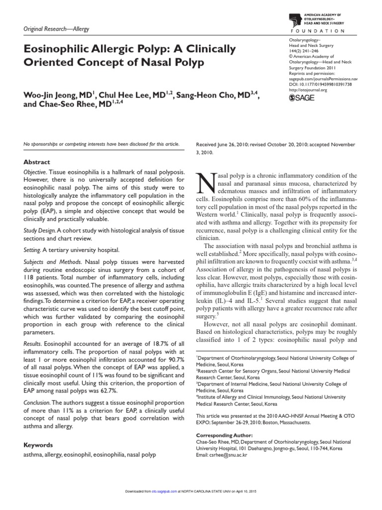 Eosinophilic Allergic Polyp: A Clinically Oriented Concept of Nasal Polyp | PDF | Allergy ...