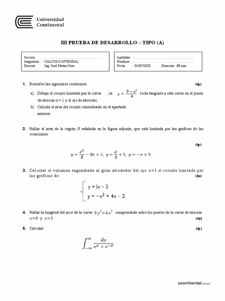 CÁLCULO INTEGRAL - Prueba de Desarrollo N°3 Tipo A | PDF