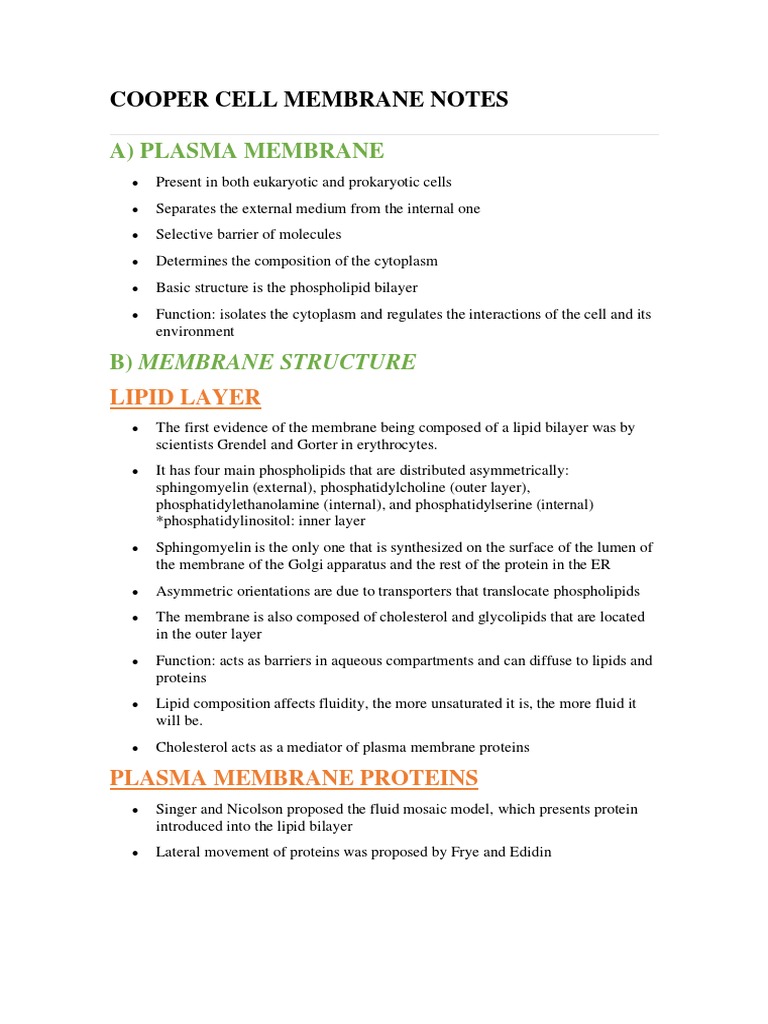 Cooper Cell Membrane Structure Notes | PDF | Cell Membrane | Lipid Bilayer