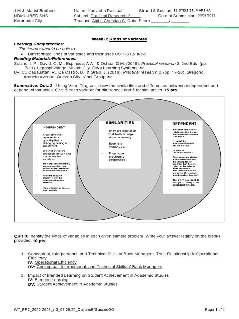 PR2 Worktext Weeks 3-Pascual | PDF | Variable (Mathematics) | Dependent And Independent Variables