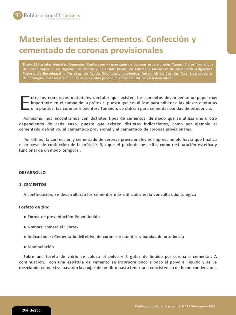 3 Materiales Dentales Cementos Confeccic3b3n y Provicionales | PDF | Dentadura postiza | Odontología