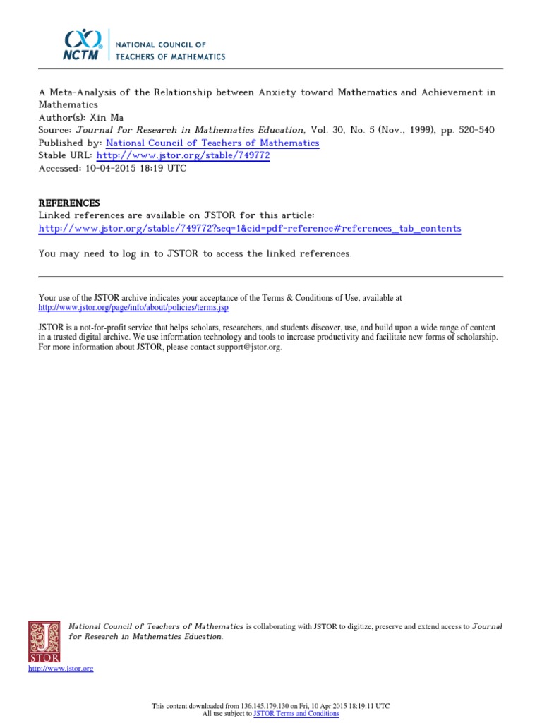 Ma, X. (1999) - A Meta-Analysis of The Relationship Between Anxiety ...