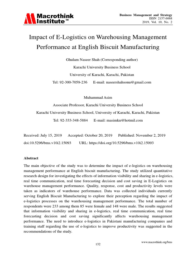 Impact of E-Logistics on Warehousing Management Performance at English Biscuit Manufacturing ...