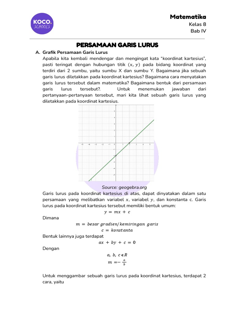 Revision Note - Matematika Kelas 8 - Persamaan Garis Lurus | PDF