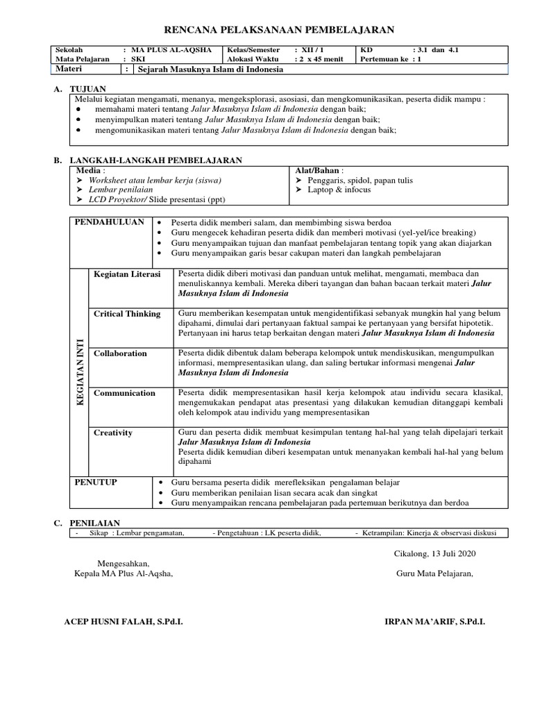 06 RPP 1 Lembar Ski Kelas 12 KD 01 | PDF