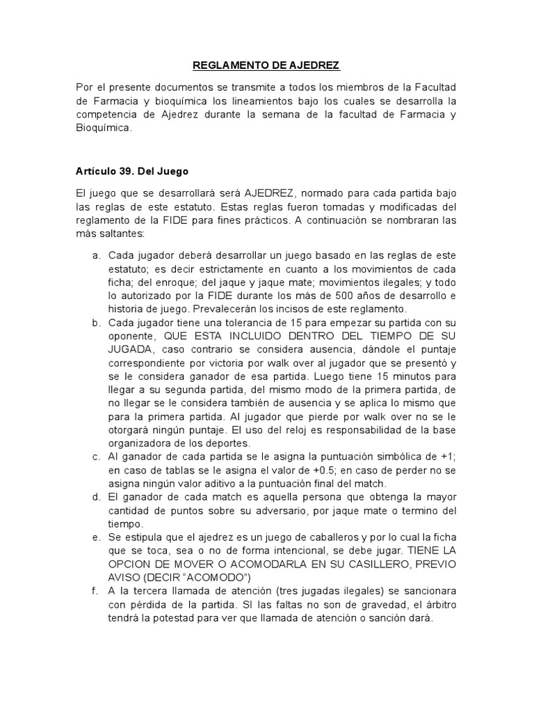 Reglamento de Ajedrez para Competencia | PDF | Ajedrez | Deportes