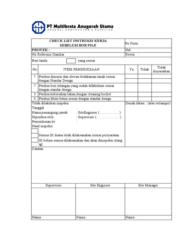 Checklist Persiapan Bor Pile | PDF