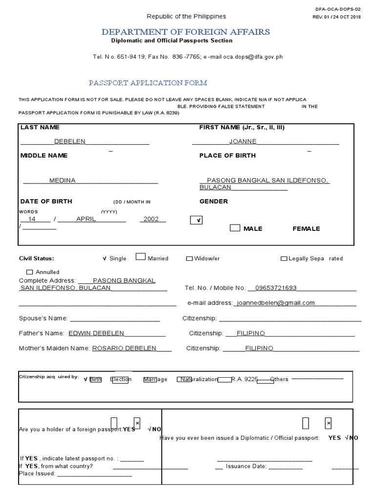 DFA Passport Application Form Summary | PDF | Birth Certificate | Travel Visa