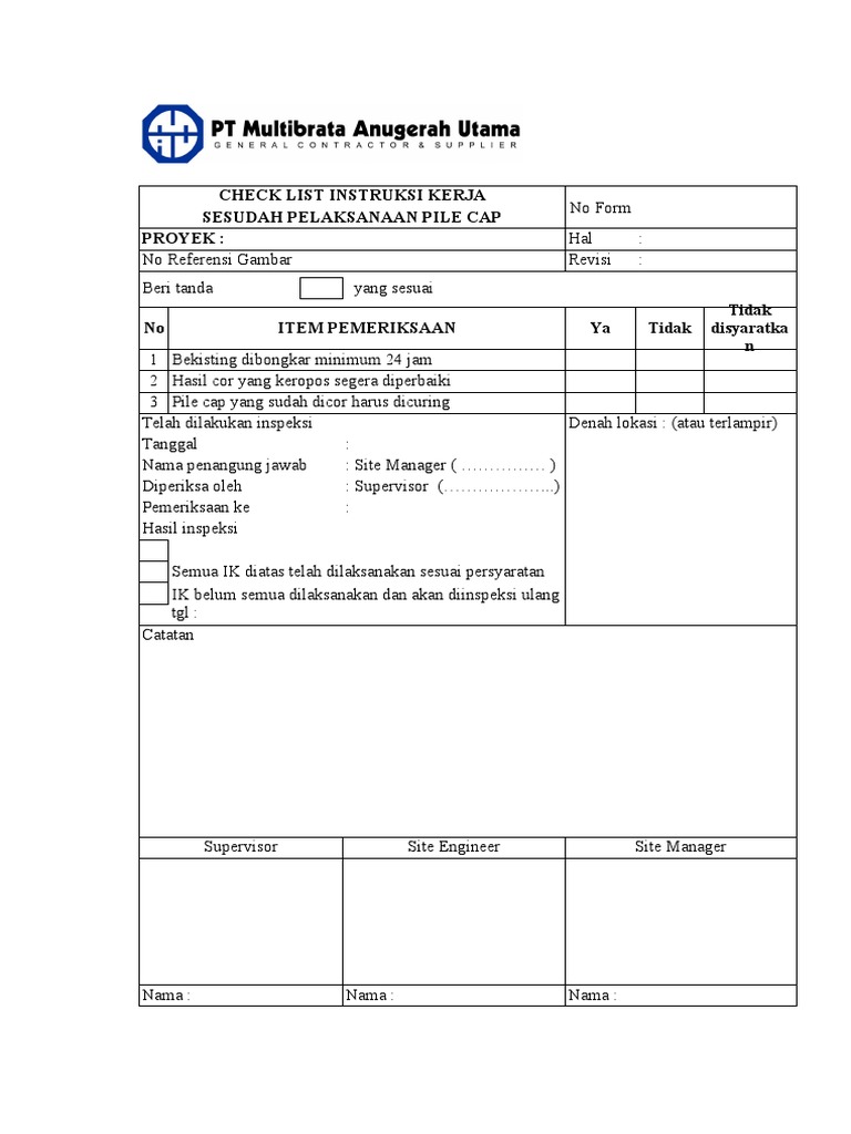 Check List Pile Cap After Pelaksanaan | PDF