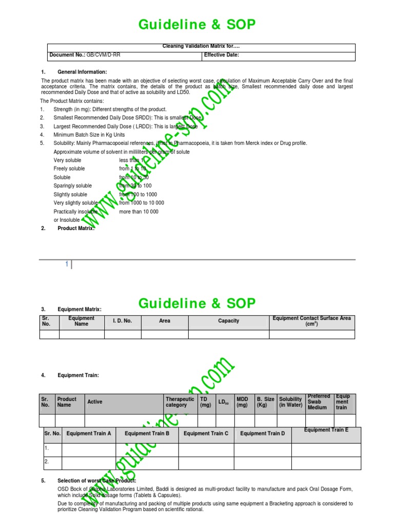 Cleaning Validation Matrix Guidelines | PDF | Solubility | Dose ...